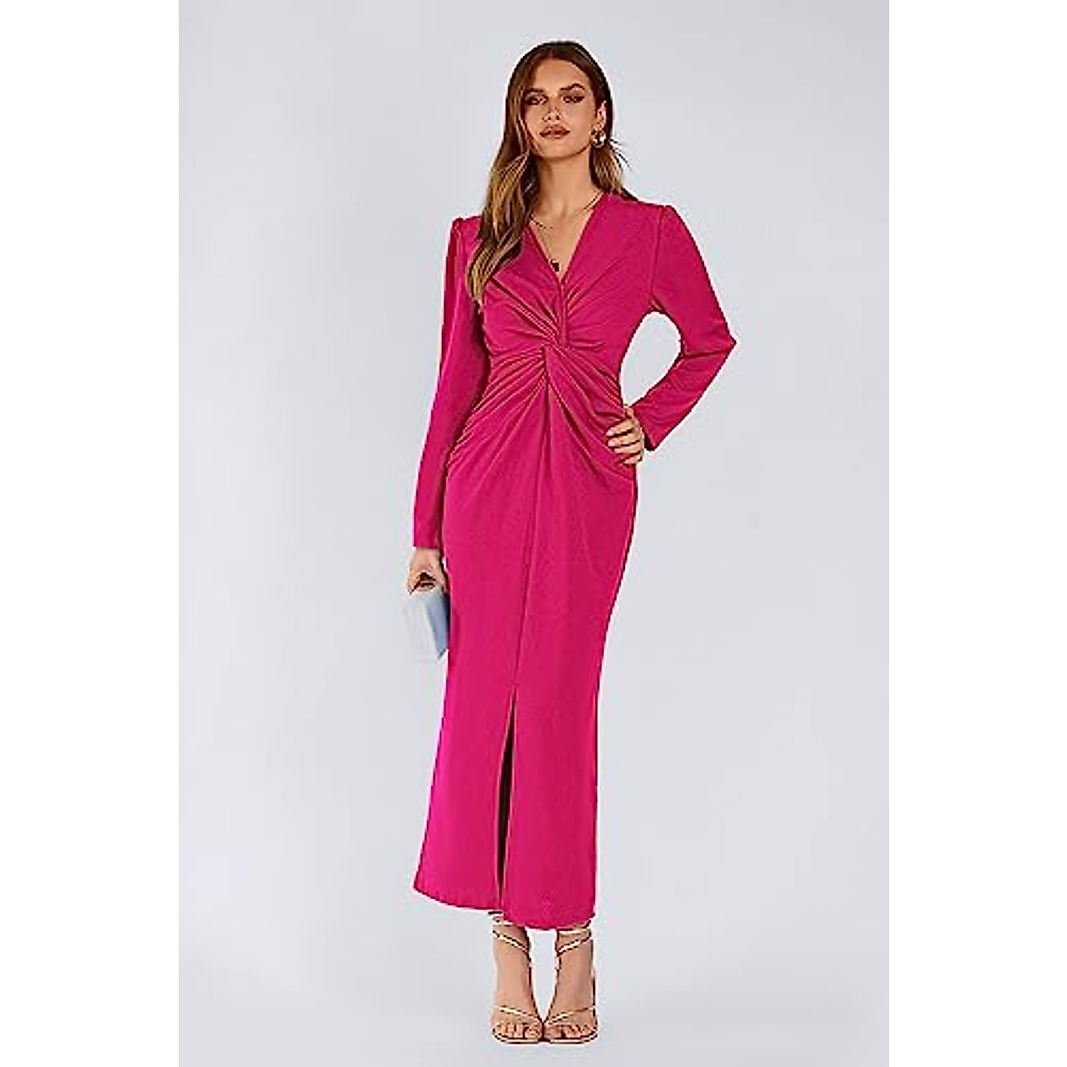 PRETTYGARDEN Women's Fall Fashion 2023 Long Puff Sleeve Maxi Dresses V Neck Twist Front Formal Dress with Slit (Rose Red,Medium)