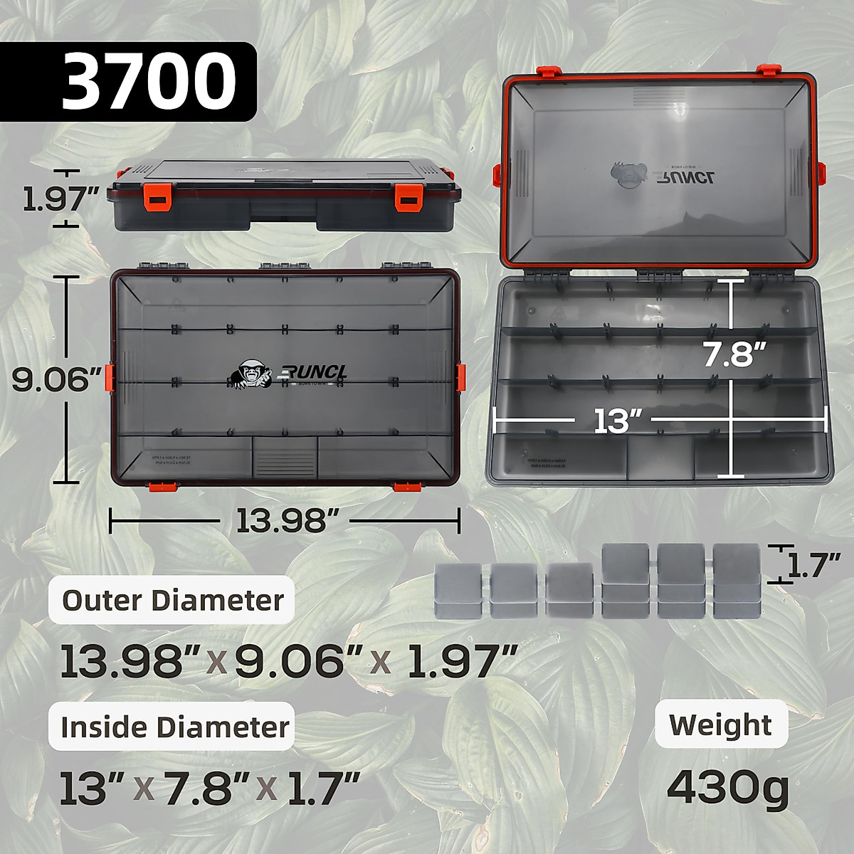 RUNCL Fishing Tackle Box, Waterproof Airtight Stowaway, 3600/3700 Tray Tackle Box with Adjustable Dividers, Plastic Storage Organizer(2pcs 3700)