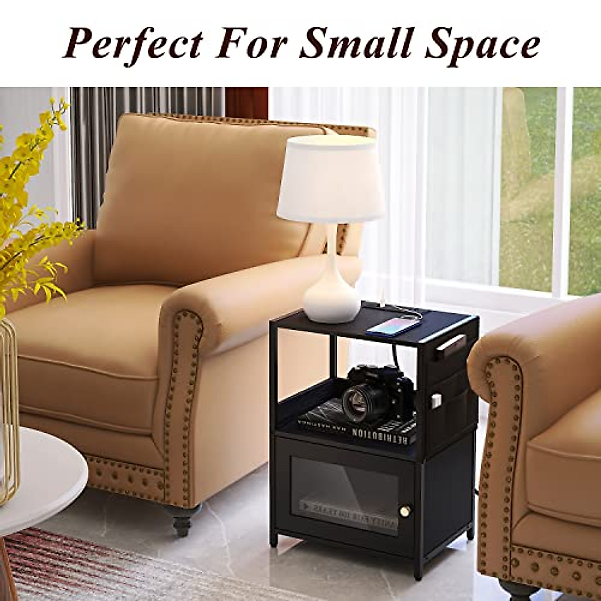 SAUCE ZHAN End Table with Charging Station, Nightstand with USB Ports and Outlets, Fabric Bags, Bedside Table for Small Space Side Table with Storage Drawer for Living Room, Bedroom, Office, Black