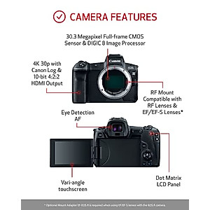Canon EOS R, Vlogging and Content Creator Camera 4K UHD, Digital Single-Lens Non-Reflex AF/AE, 0.76 Magnification, OLED Color Electronic Viewfinder, CMOS Sensor, Mirrorless, Full-Frame (Body Only)