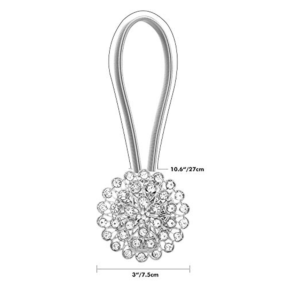 Lewondr Curtain tie Magnetic, 1 Pair Sparkling Crystal Flower Curtain Tieback Stretchy Curtain Buckle Clips Curtain Bind Stainless Spring Wire Magnetic Drapery Holder - Silver