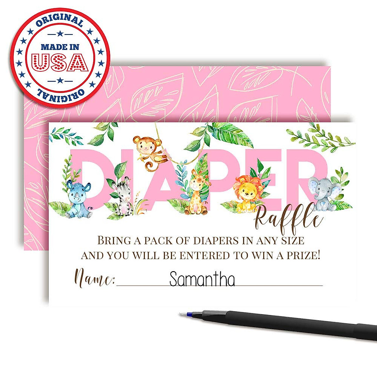 Watercolor Jungle Animals Diaper Raffle Tickets for Girl Baby Showers, 20 2" X 3” Double Sided Insert Cards for Games by AmandaCreation, Bring a Pack of Diapers to Win Favors & Prizes!