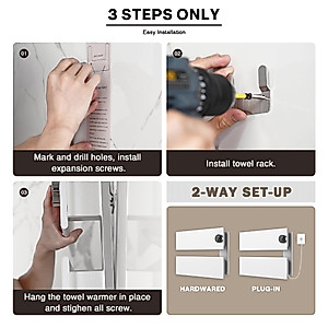 K&KALONZO Electric Towel Warmer, 18.8"*4.8" Wall-mounted Towel Heater with Built-in Timer, Waterproof Aluminum Towel Warmer for Bathroom, Support Plug-in and Hardwired, White, K1-R-W