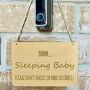 Sleeping Baby Sign for Front Door, Funny Shhh Sleeping Baby Door Hanger Signs for House, Please Do Not Knock or Ring Doorbell Sign for Home Room, New Mom Gifts Do Not Disturb Wood Mini Sign for Yard Stake
