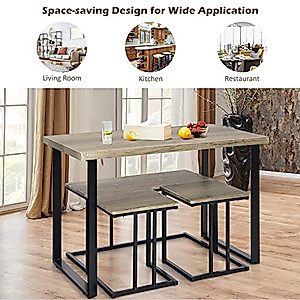 GOFLAME 4-Piece Dining Table Set, Counter Height Dining Set with One Long Bench and Two Stools, Modern Dining Table Set with Space Saving Design, Suitable for Kitchen, Dining Room, Restaurant