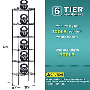 6 Tier Shelving Unit Narrow Shelf Storage Shelves Tall Skinny Shelf for Small Spaces Bathroom Racks and Shelves Corner Storage Rack for Kitchen Laundry Pantry Closet 16.7" l×11.8" w × 63.6" h, Black