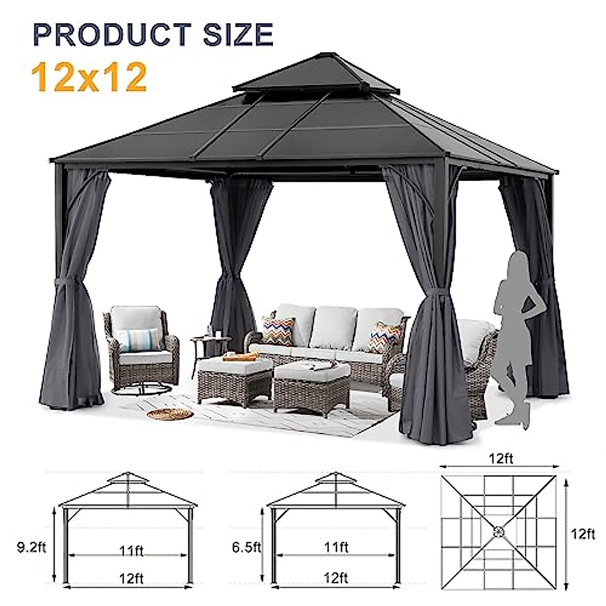 ABCPATIO 12x12 Hardtop Gazebo - Outdoor Polycarbonate Double Roof Gazebo Canopy, Metal Frame Permanent Pavilion with Curtains and Netting for Patio, Garden, Patio, Lawns (Dark Gray)