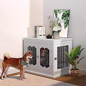 4NM Furniture Style Dog Crate with Cushion, Dog Kennel, Dog Cage for Small Medium Dogs, Indoor Aesthetic Puppy Kennel, Chew-Proof Metal Bars,Pretty Cute End Side Table Nightstand- White