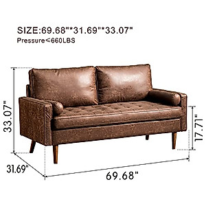 ovios Mid-Century Modern Loveseat, 70" Rivet Tufted Sofa Couch with Armrests and Comfy Cushion for Living Room, Apartment and Small Space, Suede Fabric, Dark Brown