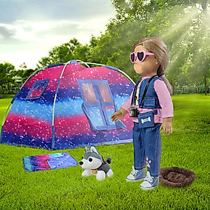 WONDOLL [Improved Version 18-inch-Doll-Clothes and Camping-Tent-Set Doll Accessories - Including Doll Tent Sleeping Bag, Clothes Shoes, Camera Eye Glasses, Toy Dog & Doghouse Doll Furniture
