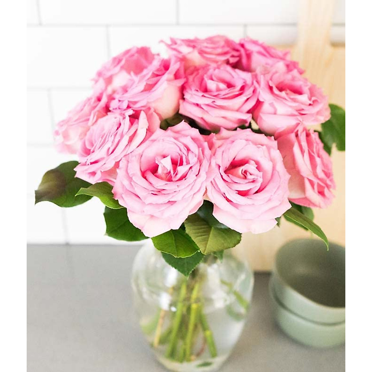 From You Flowers - One Dozen Light Pink Roses with Glass Vase (Fresh Flowers) Birthday, Anniversary, Get Well, Sympathy, Congratulations, Thank You