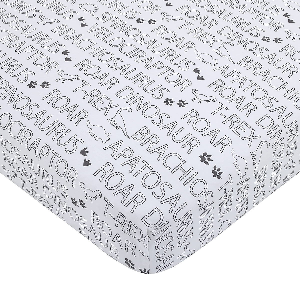 NoJo Baby-Saurus Gray, White, and Green Triceratops, Brontosaurus, and Tyrannosaurus Dinosaurs with Mountains and Leaves 4 Piece Nursery Crib Bedding Set - Comforter, 100% Cotton Fitted Crib Sheet, Crib Skirt, and Storage