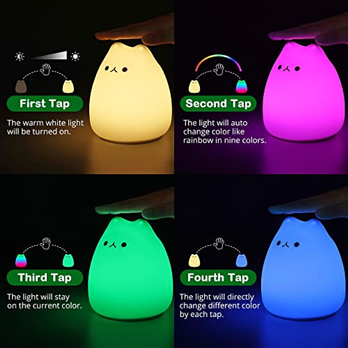 Litake Cat Night Light for Kids, Battery Powered Cat Lamp with Tail, Warm White and 9-Color Changing LED Silicone Cute Nursery Lights for Baby Kids Girl Room