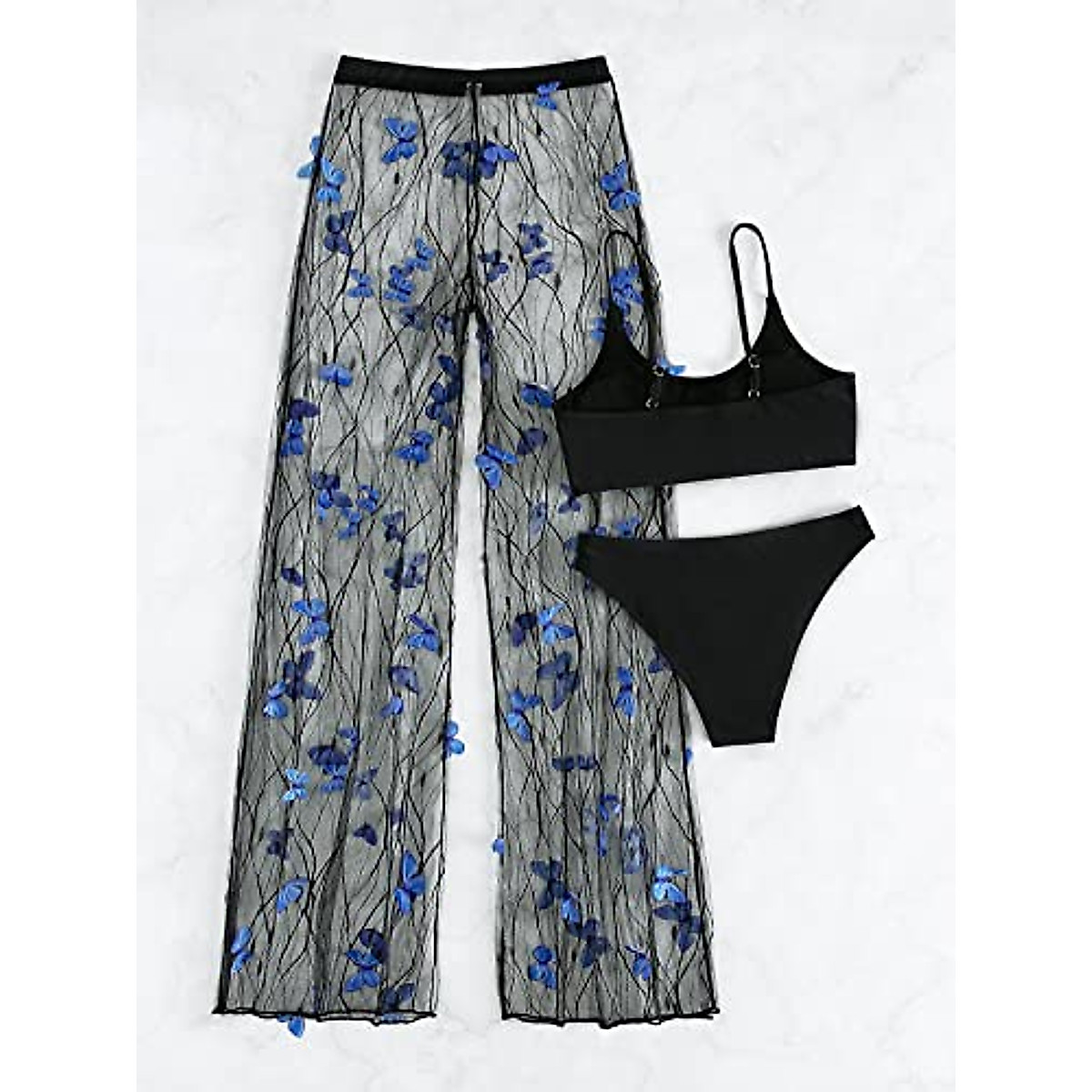 MakeMeChic Women's 3 Piece Swimsuit Full Coverage Bikini Set with Butterfly Cover Up Pants Black Blue M