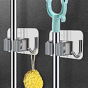 DAWWHGW Wall-Mounted mop and Broom Clip Hanger is Simple and Convenient to Install, self-Adhesive, Easy to Install, Firmly fix The mops in Place and Prevent Them from Falling Off. (4Racks 4Hooks),