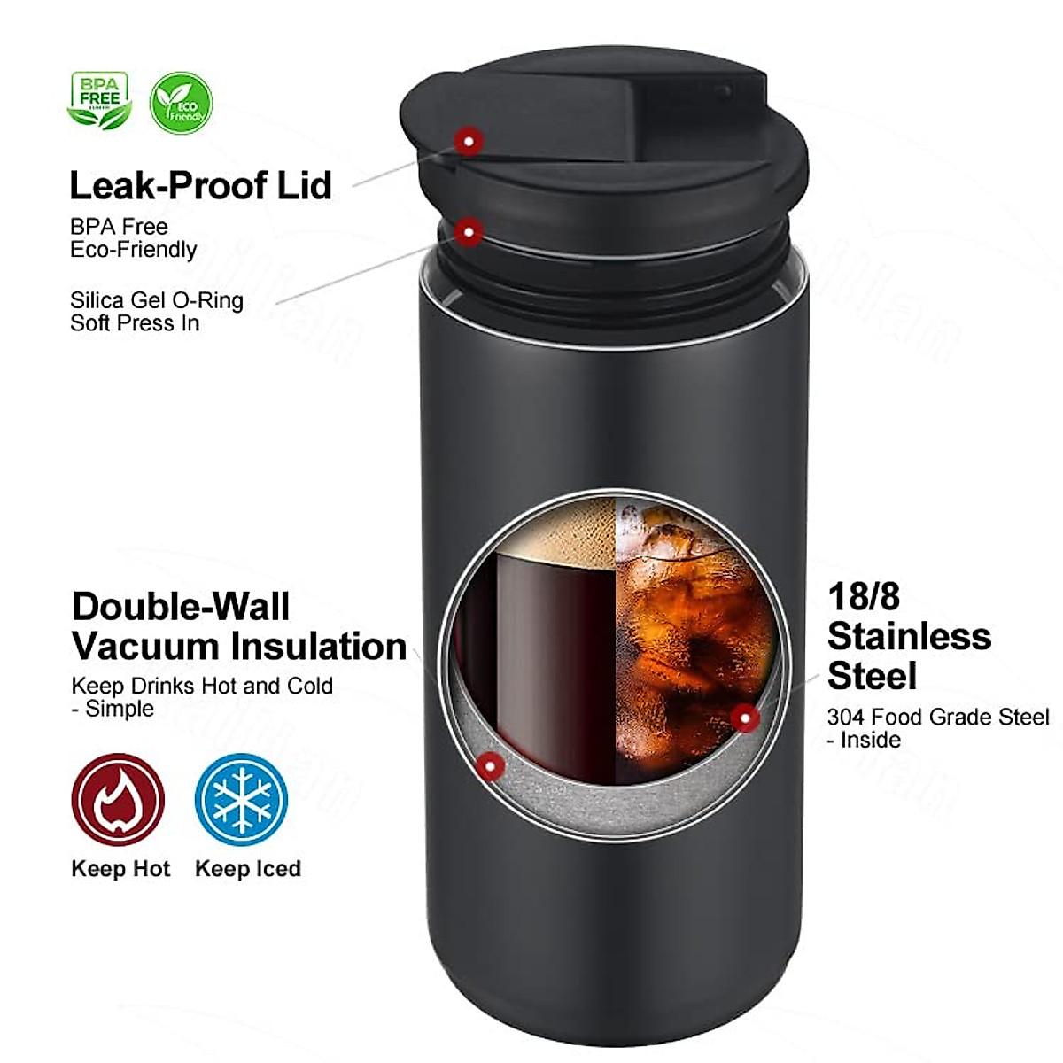 Coffe Cup Thermos for Hot Drinks stainless steel hot and cold white thermos that fits in cup holder 13.5oz/400ml (Black)