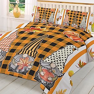 3 Pieces Bedding Set Queen Size, Fall Gnomes Soft Duvet Cover Set Comforter Cover Set with Zipper Closure All-Season Breathable Bedding Set Thanksgiving Orange Black Plaid Autumn Maple Leaf Pumpkin
