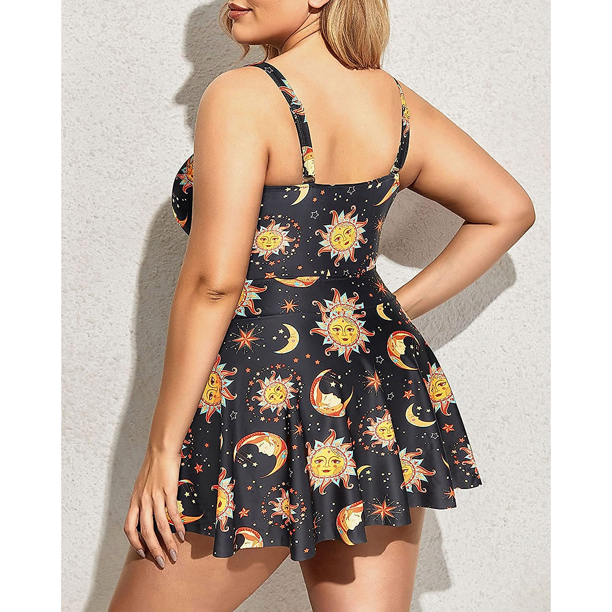 Yonique Women Plus Size One Piece Swimsuits with Skirt V Neck Swimdress Cutout Bathing Suits Sun Stars and Moon 18W