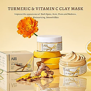 ANAI RUI Turmeric Vitamin C Face Mask for Dark Spots, Kaolin Clay Mask with Vitamin C E and Aloe, Skin Care Turmeric Clay Mask for Acne & Refineing Pores, Smooth & Radiant Skin, 4.23 OZ