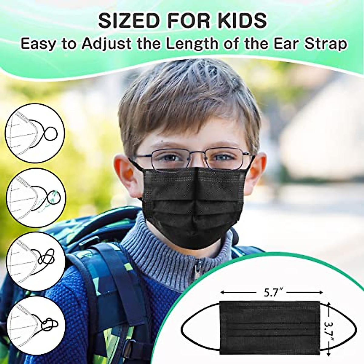 XDX Kids Mask Individually Wrapped, Kids Black Disposable Face Mask for Boys and Girls, 3 Ply - 5.7" x 3.7" Children's Size – for Childcare, School, Daily Use (50 PCS)