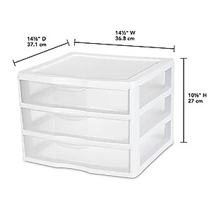 Sterilite Clear Plastic Stackable Small 3 Drawer Storage System for Home Office, Dorm Room, or Bathrooms, White Frame, (6 Pack)