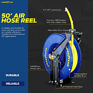 Goodyear Air Hose Reel Retractable 1/2" Inch x 50' Foot Long Premium Commercial Driven Sbr Hose Max 300 Psi Reinforced Steel Construction Heavy Duty Retractable Spring Industrial Dual Arm and Pedestal