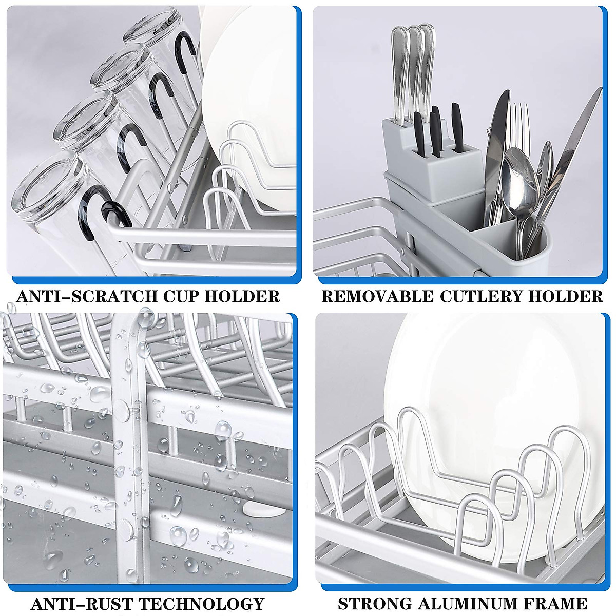 [Upgraded] Aluminum Dish Drying Rack, ROTTOGOON Rustproof Dish Rack and Drainboard Set with Drainage, Utensil Holder, Cup Holder, Compact Dish Drainer for Kitchen Counter, 16.9"L x 12.2"W, Light Gray