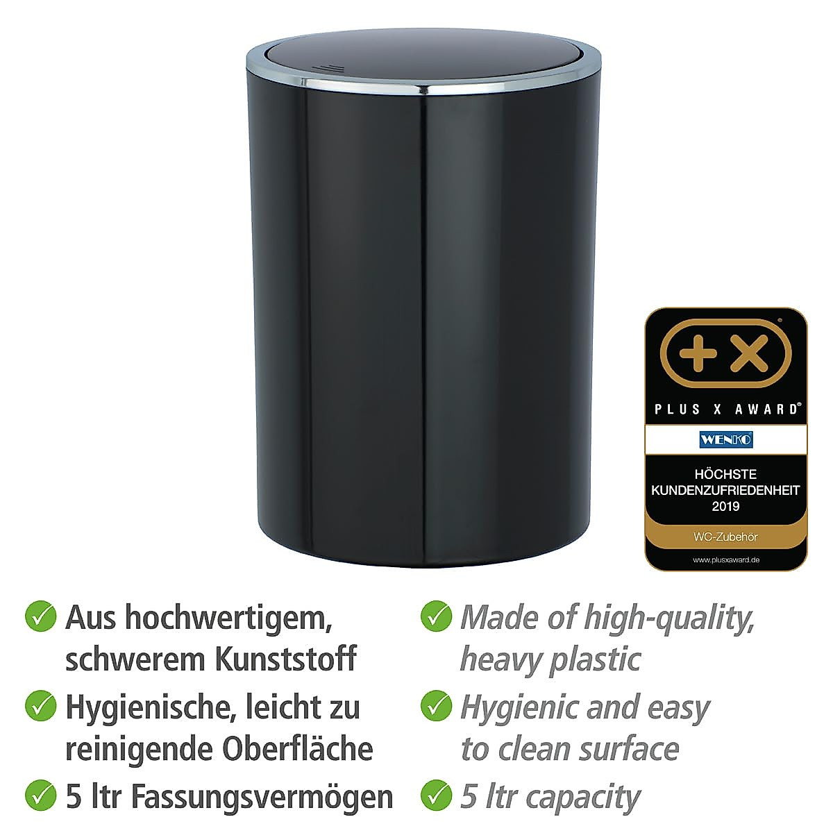 WENKO Inca Trash Can with Lid, Waste Bin with Swing Lid, Small Trash Can, Mini Trash Can, Small Garbage Can, Small Waste Basket, 1.3 Gal, Ø 7.28 x 10.04 in, Black