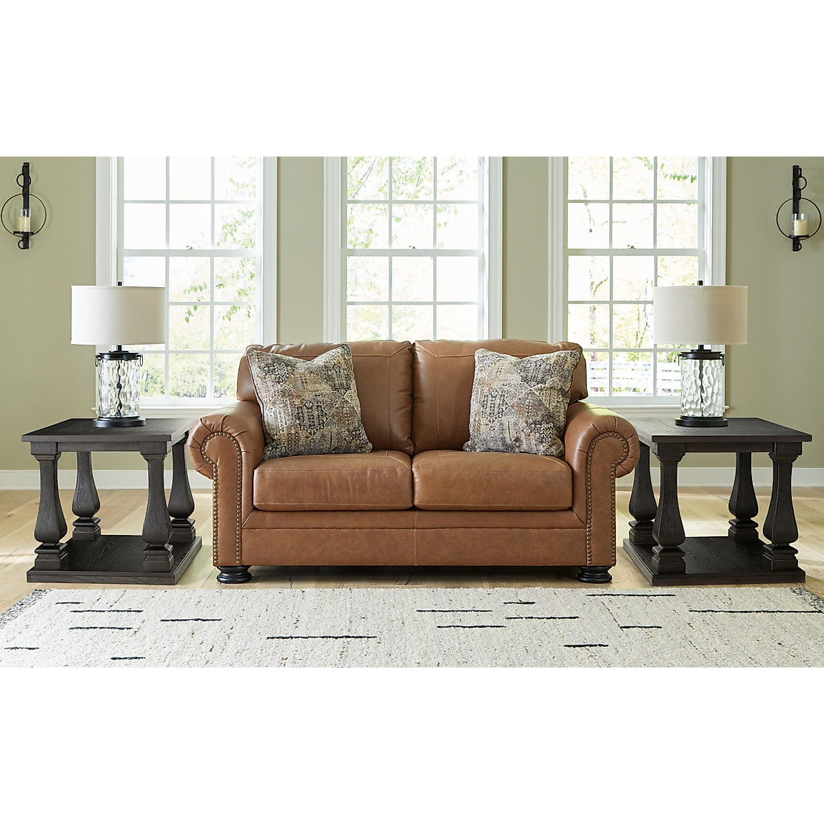 Signature Design by Ashley Carianna Classic Leather Match Loveseat with Nailhead Trim, Dark Brown