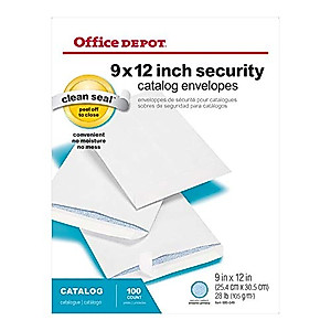 Office Depot Clean Seal(TM) Catalog Envelopes, 9in. x 12in., White With Security Tint, Pack Of 100, 77928