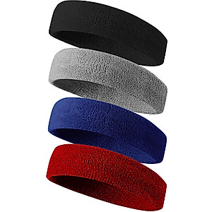 Tanluhu Sweatbands Sport Headbands for Men & Women,4 Pcs Terry Cloth Sweat Band for Tennis, Running, Basketball, Working Out, Execise - Athletic Sweat Cotton Headband Outdoor