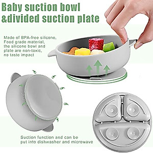 3 Sets Baby Led Weaning Supplies, Silicone Baby Feeding Set with Divided Plate Adjustable Bib Suction Bowl with Lid Snack Cup Soft Spoon Fork, Self Eating Utensil (Light Blue, Light Green, Light Gray)