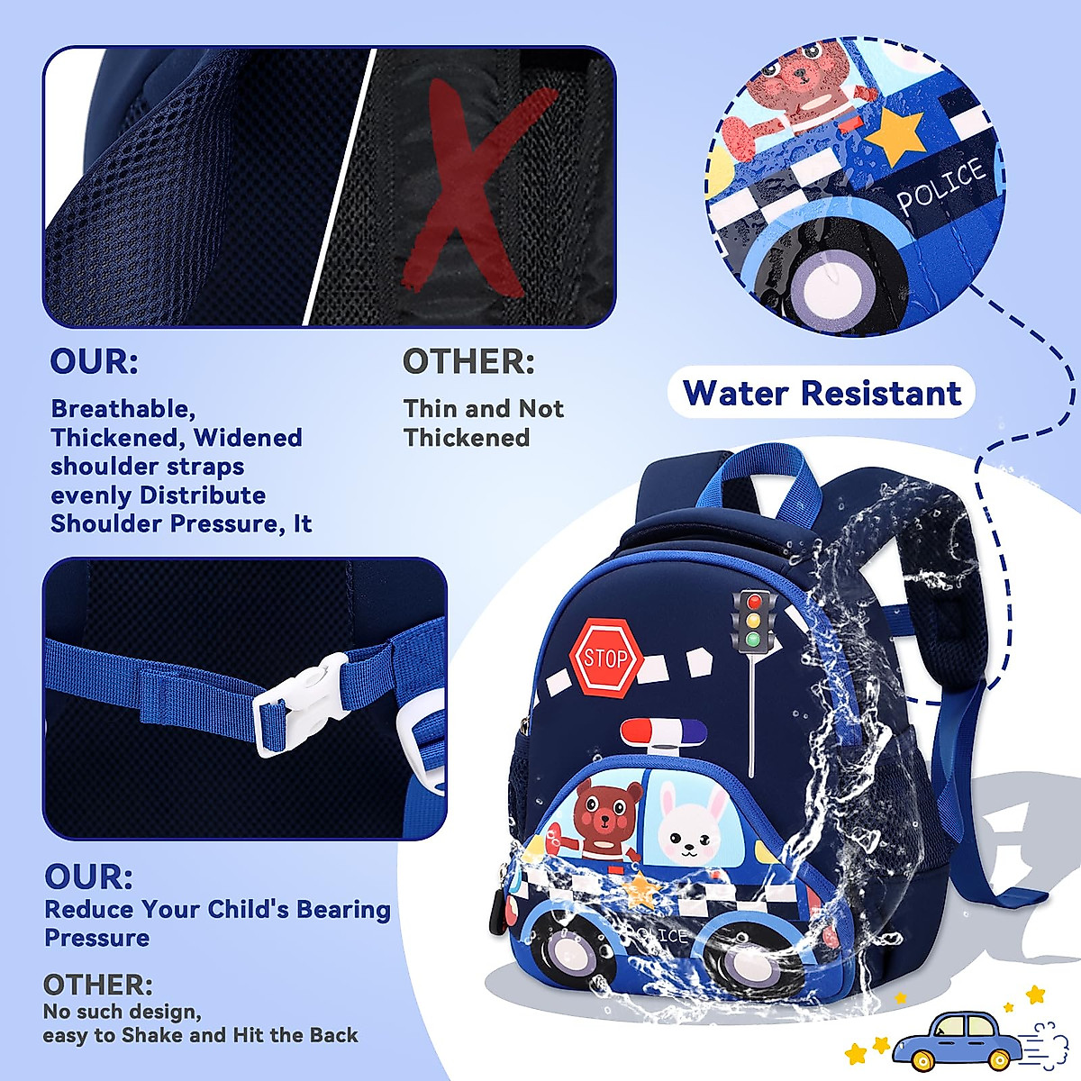 MUSEVOS Cartoon Toddler Backpack for Kids 1-3, Mini Toddler Backpack Boys 2-3 Year Old Girls, Mini Neoprene Preschool Backpack for Kids with Anti-lost Safety Leash for Daycare Outdoor