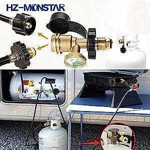 HZ-MONSTAR POL Propane Tank Adapter with Gauge Converts POL LP Tank Service Valve to QCC1/ Type1, Propane Refill Adapter Fits QCC1/ Type1 Propane Tank/ 1 lb Cylinder for RV Camper BBQ Gas Grill Heater