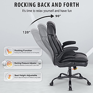 Comermax Ergonomic Executive Office Chairs with Lumbar Support, PU Leather Home Office Desk Chairs with Wheels and Flip up Arms, 90-120° Rocking Managerial Executive Chair (Black),Medium(300lbs)