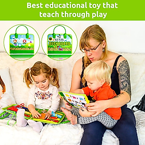 LUXIIL Busy Board Montessori Toys for Toddlers 3in1 Gifts for 1 2 3 4 5 Year Old Boys & Girls, Preschool Sensory Activity Boards Travel Boards Learning Basic Dress Skills Toys for Plane & Car (Green)