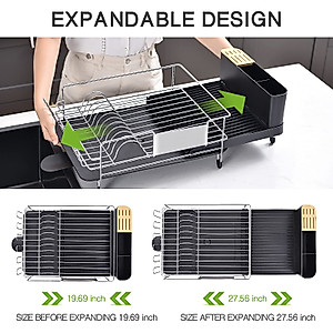 TOOLF Dish Drying Rack, Expandable Stainless Steel Dish Rack with Drainboard Set Kitchen Sink Organizer for Counter, Large Capacity Kitchen Accessories with 360° Swivel Spout