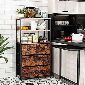 Furologee Vertical 4 Drawer Dresser Organizer with 3-Tiers Wood Shelf,Tall Fabric Storage Tower Unit, Sturdy Metal Frame Furniture,Removable Brown Fabric Bins for Bedroom,entryway,Office