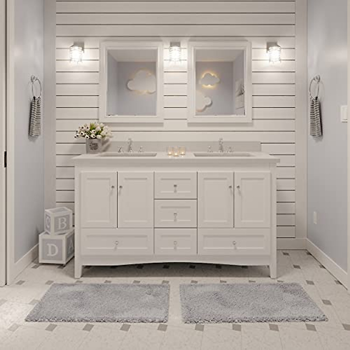 Kitchen Bath Collection Abbey 60-inch Double Bathroom Vanity (White/Quartz): Includes White Cabinet with Stunning Quartz Countertop and White Ceramic Sinks