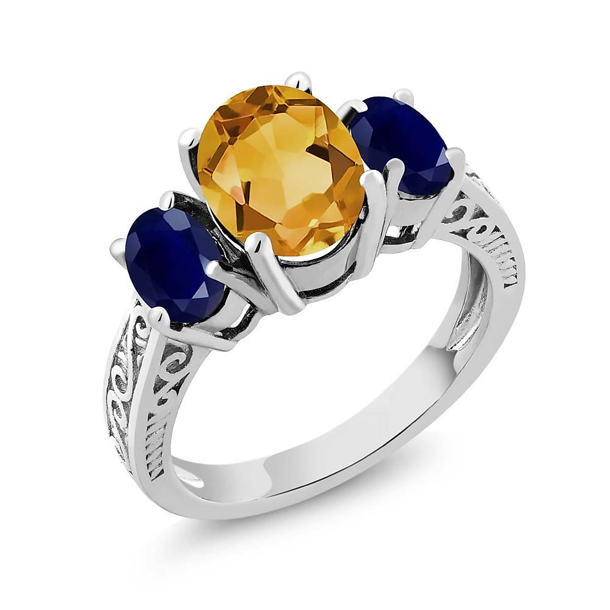 Gem Stone King 925 Sterling Silver Yellow Citrine and Blue Sapphire 3-Stone Engagement Ring For Women | 2.25 Cttw | Gemstone Birthstone | Available In Size 5, 6, 7, 8, 9