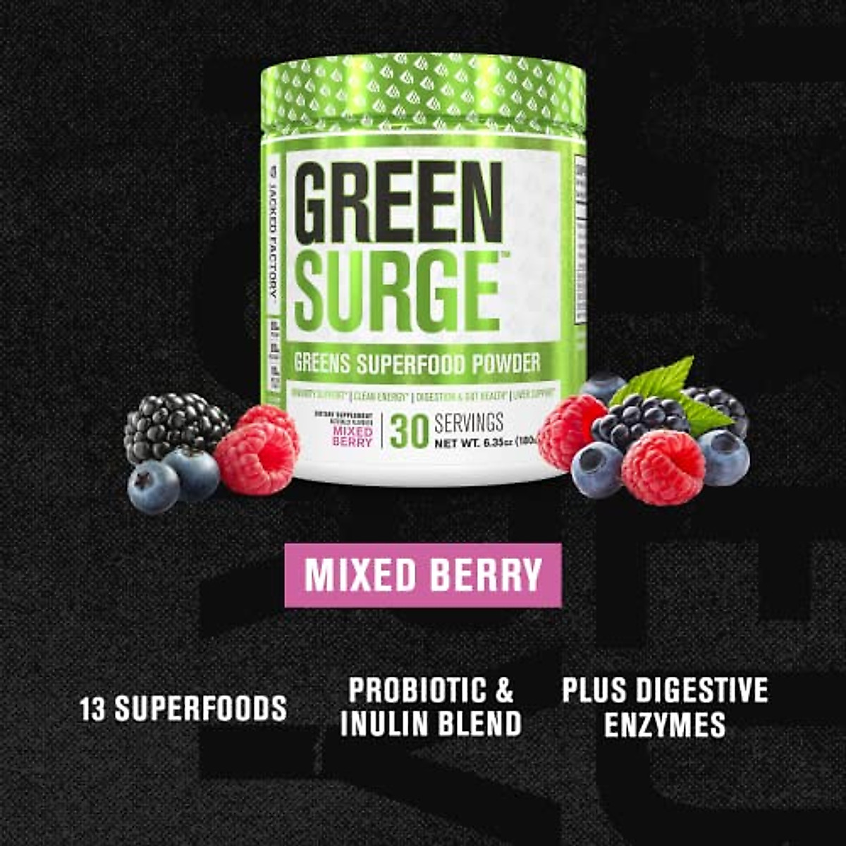 Green Surge Green Superfood Powder Supplement - Keto Friendly Greens Drink w/Spirulina, Wheat & Barley Grass, Organic Greens - Green Tea Extract, Probiotics & Digestive Enzymes - Mixed Berry - 30sv