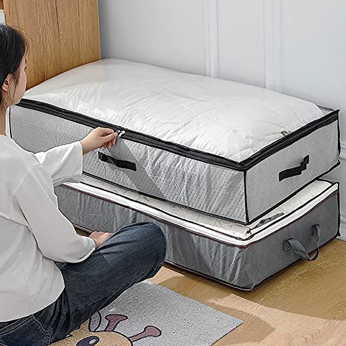 adikaka Underbed Storage Containers Bags 3-Pack, Foldable Large Fabric Container with Clear Window and Reinforced Handles for Clothes and Blankets - 40 x 20 x 7 Inches, Gray