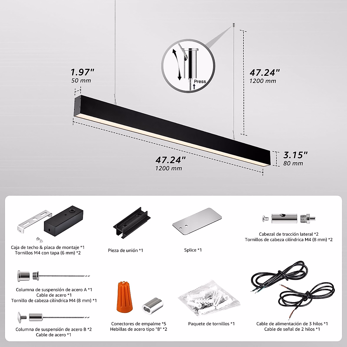 SCON 4FT 40W LED Black Anti-Glare Linkable Pendant Light,2400LM UGR<22 0-10V Dimmable Linear Surface Mount Shop Light,3000K-4000K-5000K Switchable Ceiling Mount Office Light,Hanging Light For Workshop