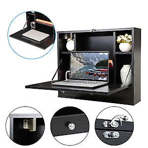 JAXPETY Wooden Wall-Mounted Space-Saving Desk, Fold Out Computer Laptop Desk with Storage Bookcase & Drawer, Convertible Writing Desk for Home Office, Black