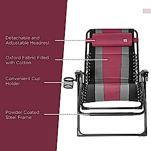 Outsunny XL Oversize Zero Gravity Recliner, Padded Patio Lounger Chair, Folding Chair with Adjustable Backrest, Cup Holder, and Headrest for Backyard, Poolside, Lawn, Striped, Wine Red