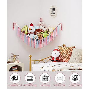 Kopduki 59 in Stuffed Animal Hammock with Stars-Light, Stuffed Animal Storage, Teddy Bear Hammock with Tassel & Hooks for Nursery Room, Corner Mesh Toy Hammock for Stuffed Animals for Playroom