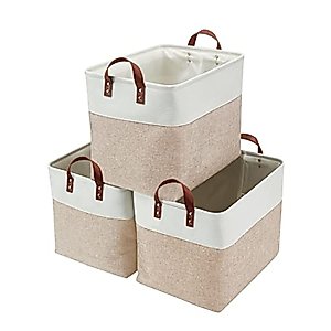 DECOMOMO Large Storage Baskets | Closet Storage Bins 17x12x13inch Canvas Baskets For Storage Laundry Nursery Toys Cloth Linen (Beige & White, XXL - 3 Pack)