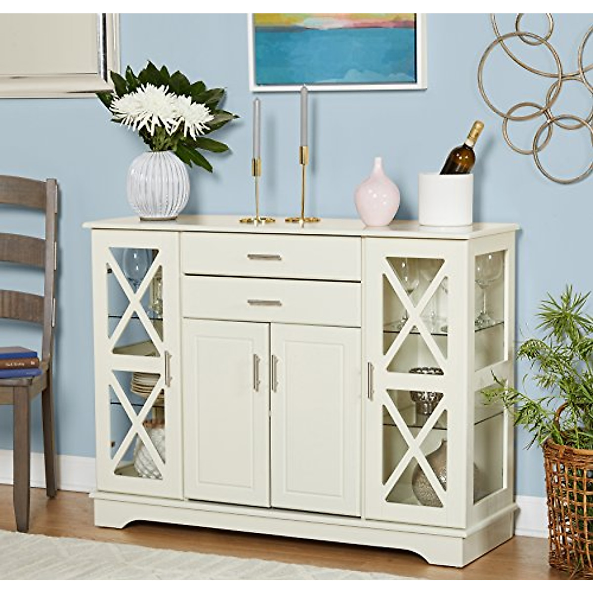 Target Marketing Systems Kendall Dining Buffet Cabinet with Storage, Modern 2-Drawer Kitchen Sideboard Doors, and 2 Adjustable Glass Shelves, 47.25" Inch, Antique White