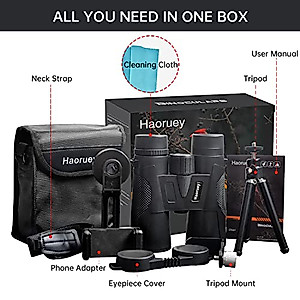 12x42 HD Binoculars for Adults with Phone Adapter and Foldable Tripod Waterproof Compact Binoculars with Large View Clear Low Light Vision High Power Binocular for Hunting Bird Watching Camping Travel