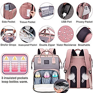 ANWTOTU Diaper Bag with Changing Station,Diaper Bag Backpack，7 in 1 Travel Baby Diaper Bag,Mommy Bag With USB Charging Port (Pink-Grey)